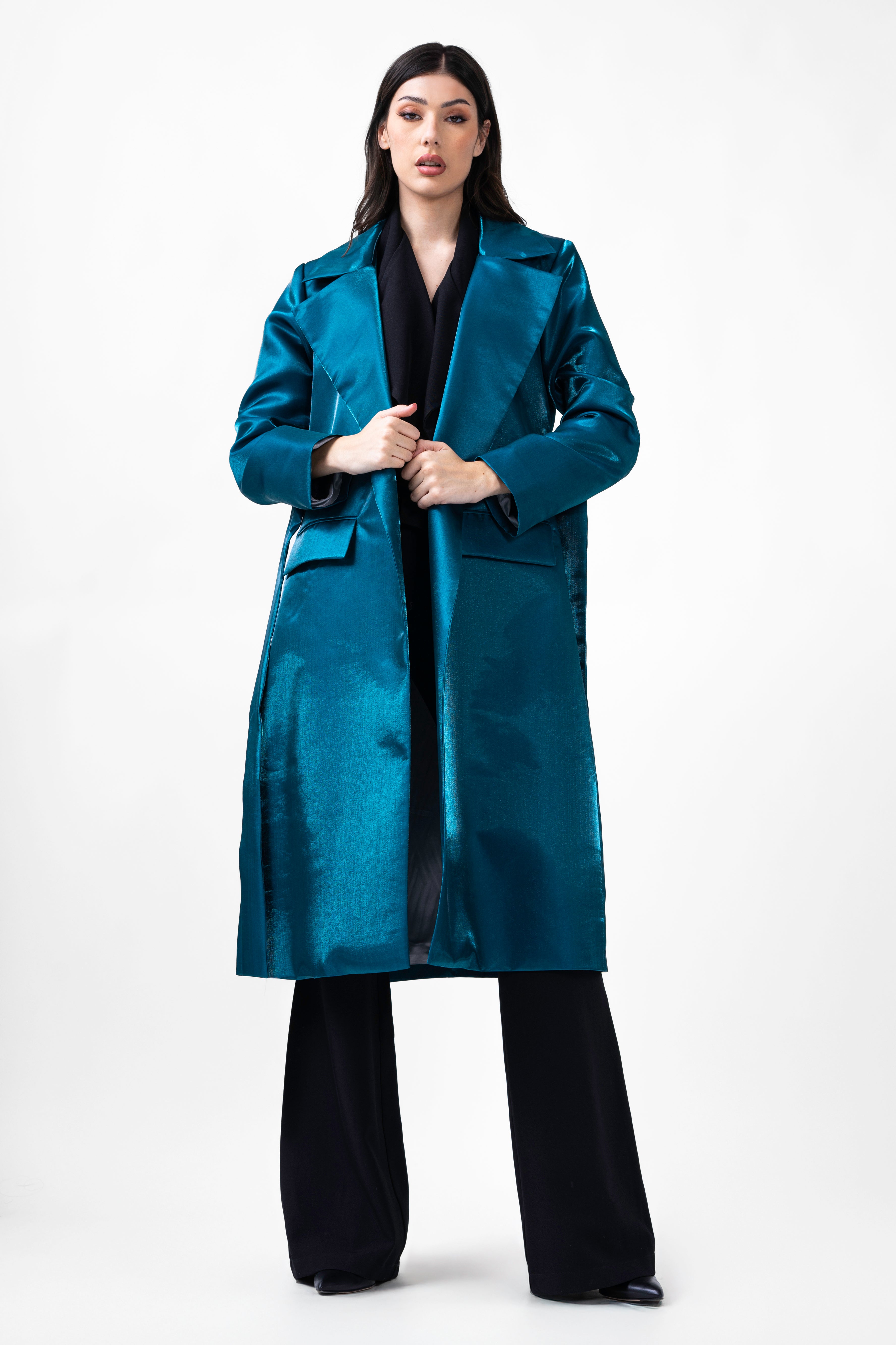 Metallic Blue Straight Overcoat With Belt – Bluzat