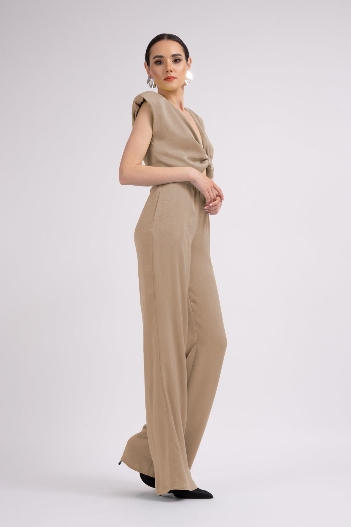 Set Bej cu Top cu Nod si Pantaloni Wide Leg
