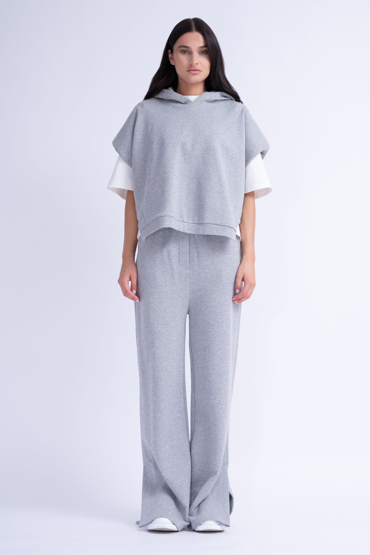 Grey Matching Set With Vest Hoodie And Wide Leg Trousers With Side Sli ...