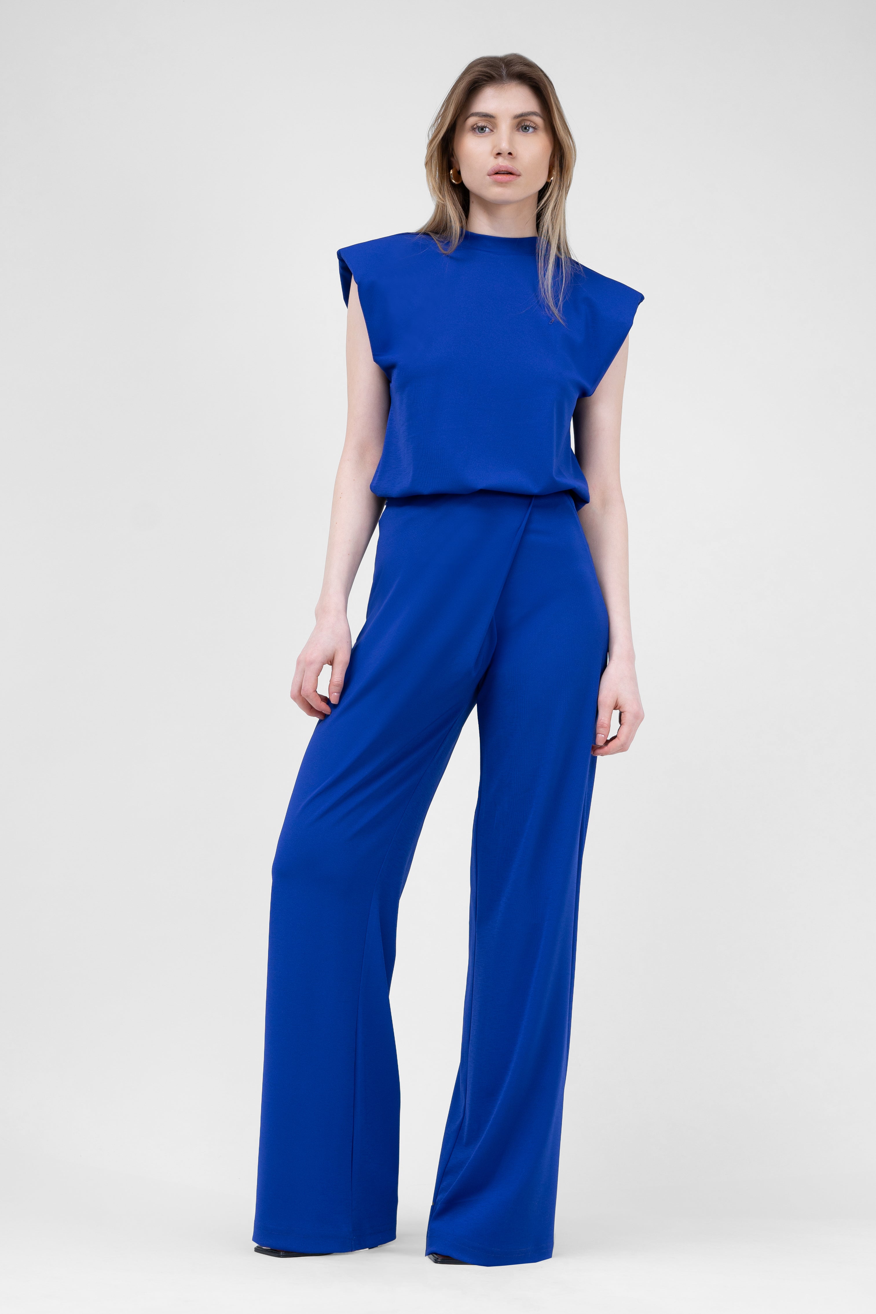 Electric Blue Set With T-Shirt And Asymmetrical Wide Leg Trousers – Bluzat