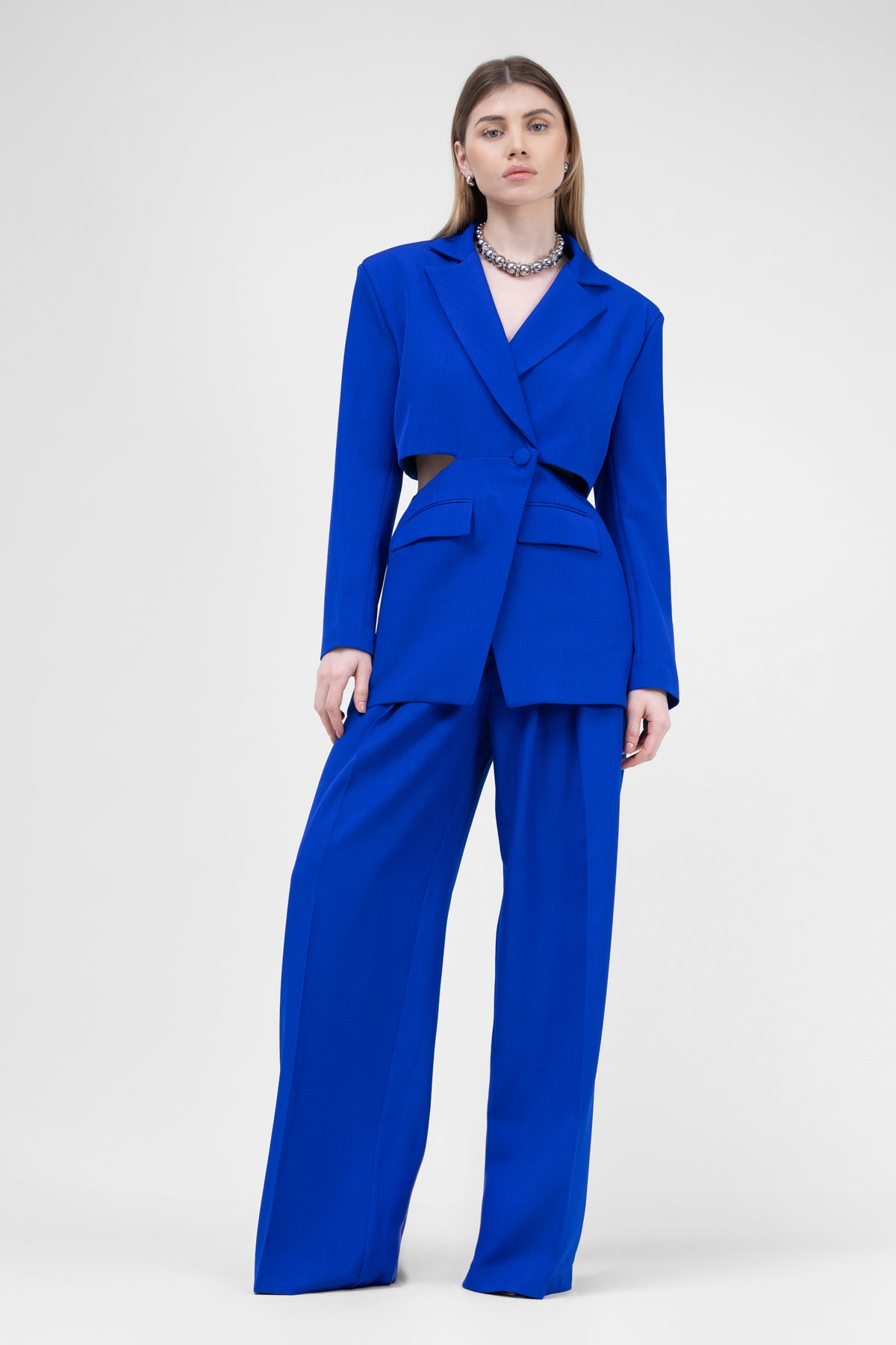 Electric Blue Suit With Blazer With Waistline Cut-Out And Ultra Wide L ...