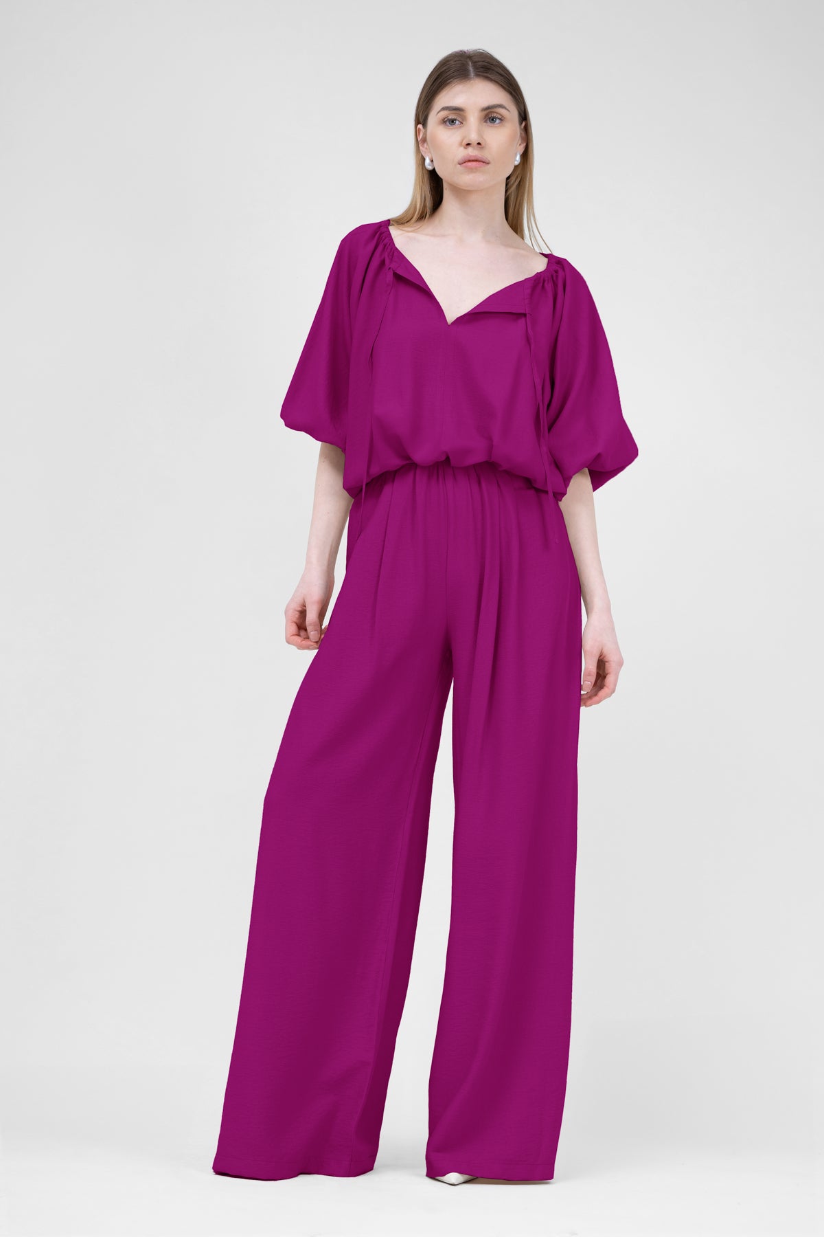 Fuchsia Linen matching set with flowy blouse and wide leg trousers – Bluzat