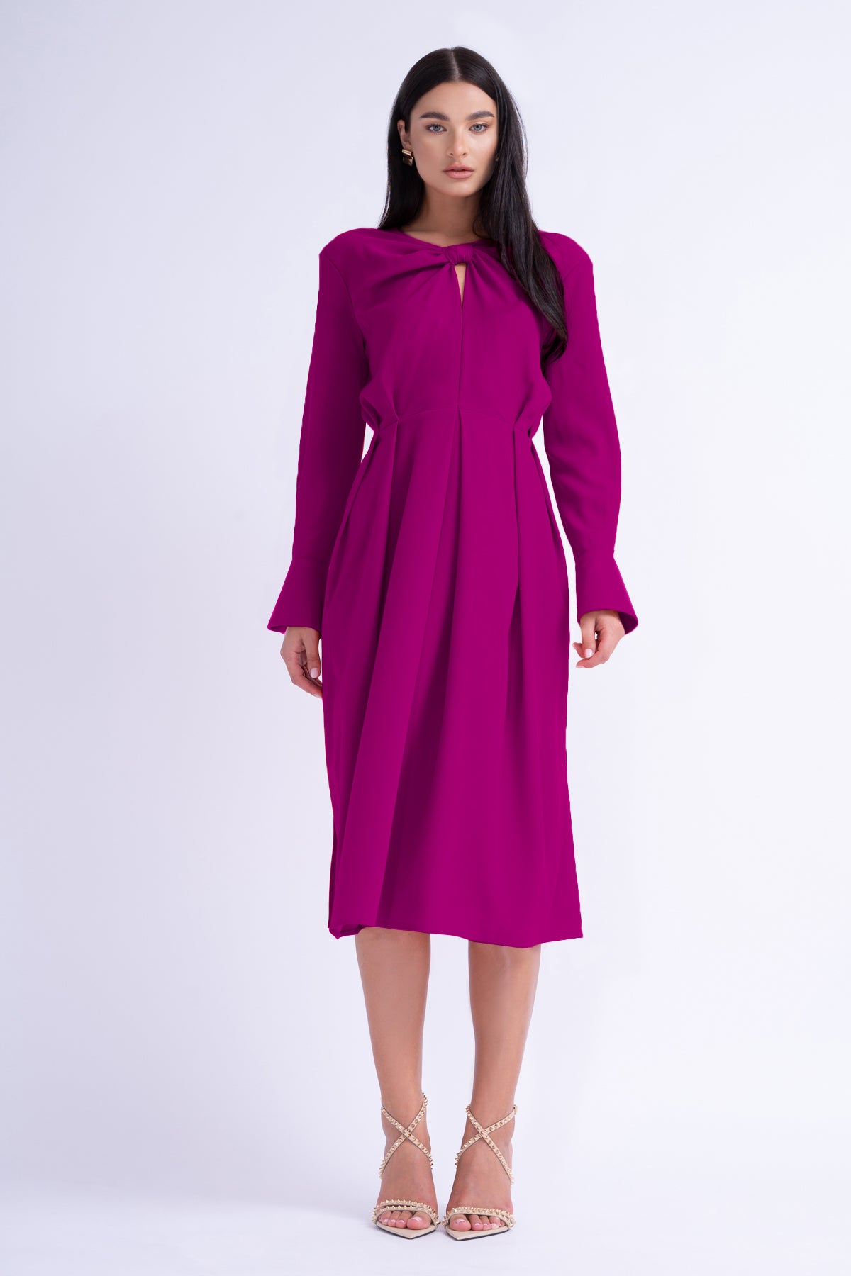 Fuchsia Midi Dress With Ring Detail And Pleats – Bluzat